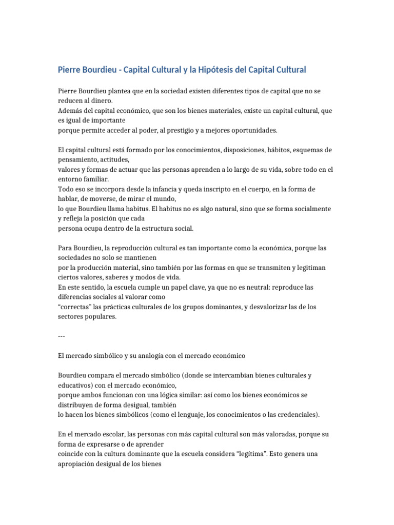 Bourdieu Capital Cultural | PDF | Desigualdad social | Discriminación y ...