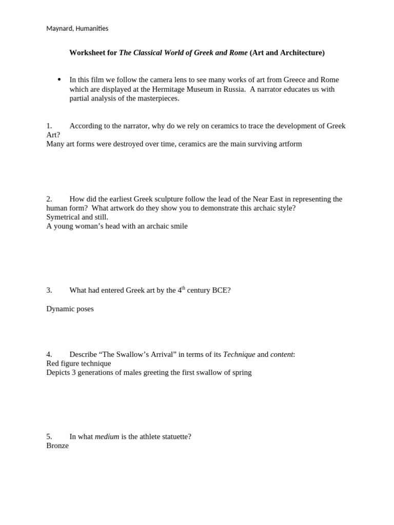 Film Worksheet Classical Greece and Rome-1 | PDF