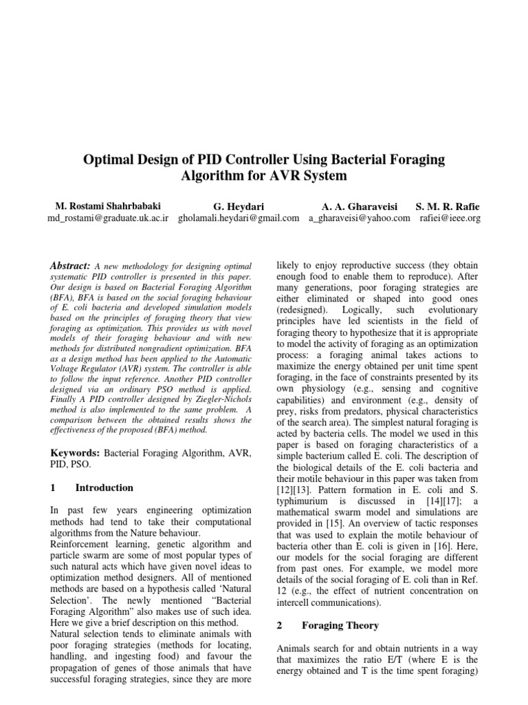 Optimal Design of PID Controller Using Bacterial Foraging Algorithm For AVR System | PDF ...