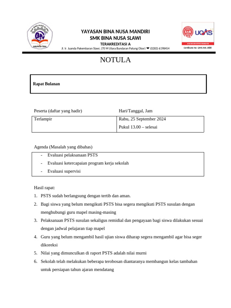 Notulen Evaluasi Ketercapaian Program Kerja Sekolah | PDF