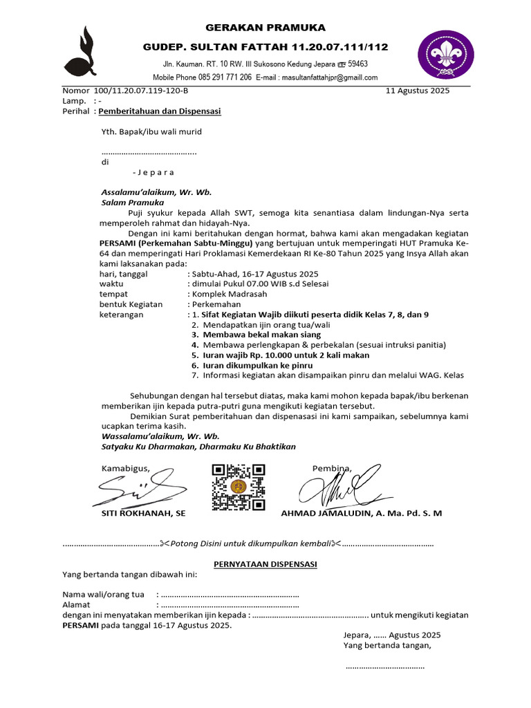Pemberitahuan Kegiatan PERSAMI Pramuka | PDF