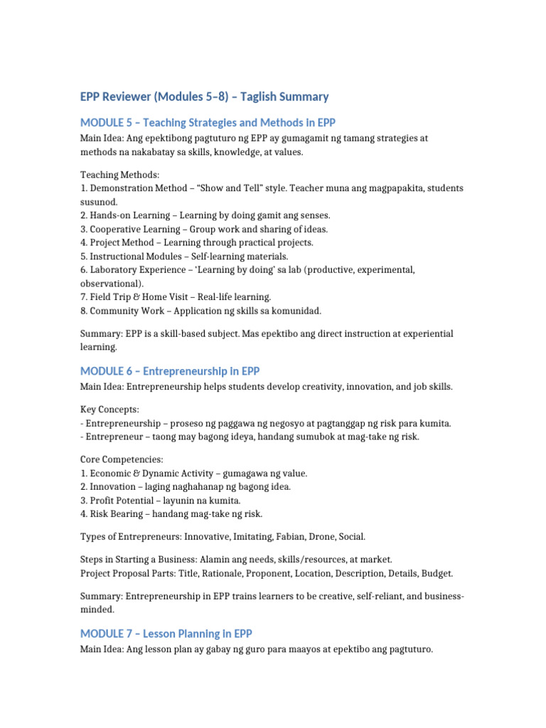 EPP Reviewer Taglish Summary | PDF | Lesson Plan | Evaluation