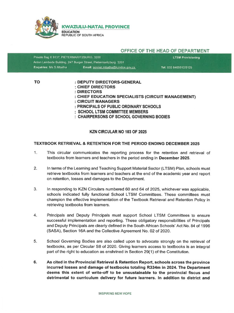 KZN Circular No 103 of 2025 1 | PDF