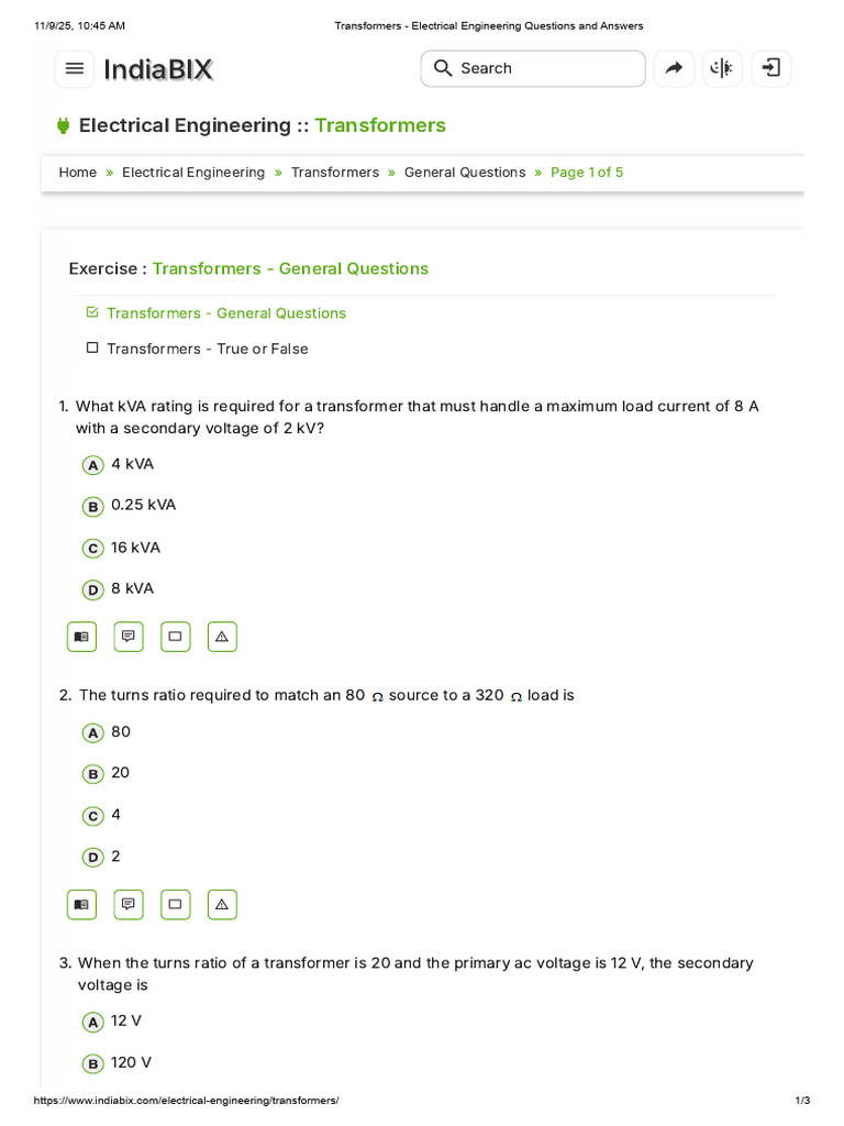 Transformers - Electrical Engineering Questions and Answers | PDF ...