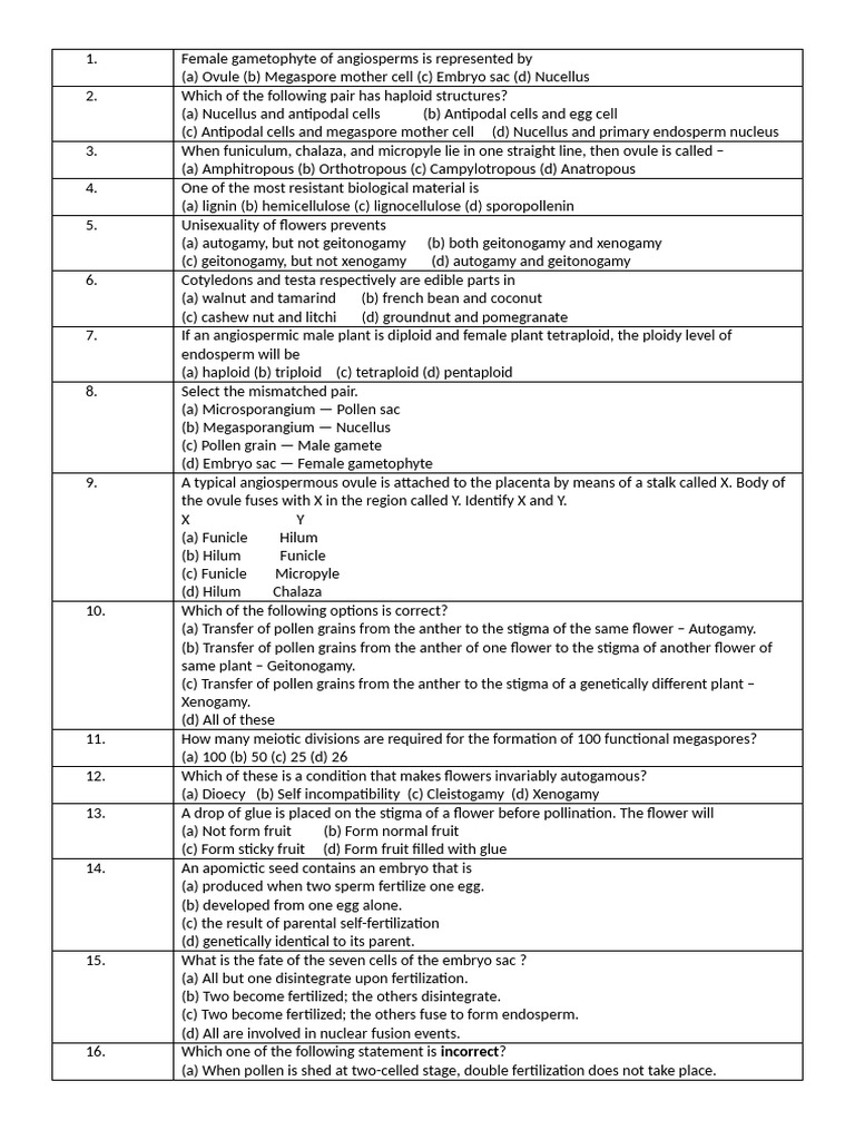 XII Worksheet-Plant reproduction | PDF | Fertilisation | Ploidy