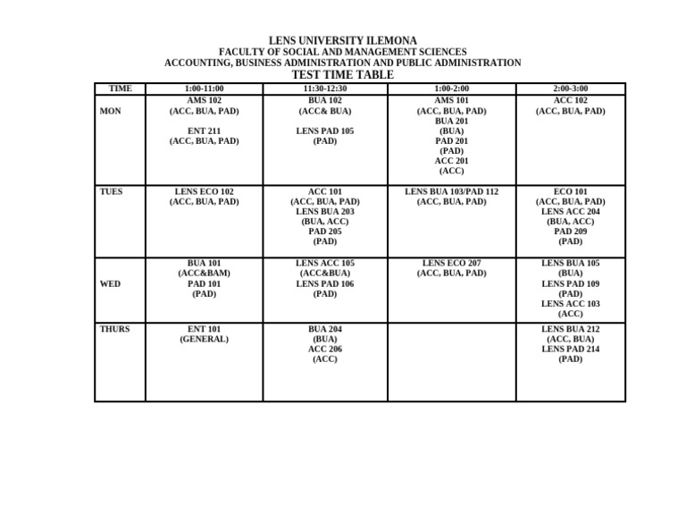 University Test Time Table | PDF
