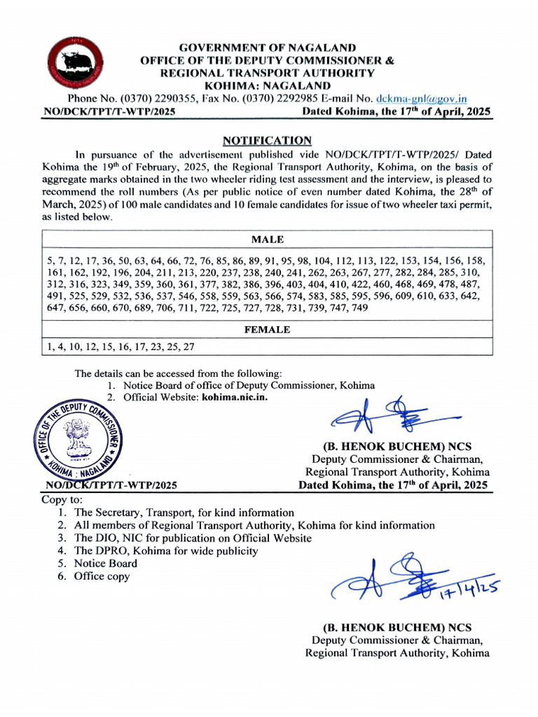 Notification-RTA Kohima (Two Wheeler) | PDF
