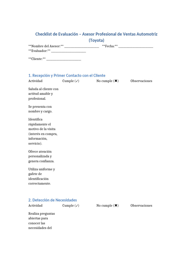 Checklist de Evaluación para Asesores Toyota | PDF | Cliente
