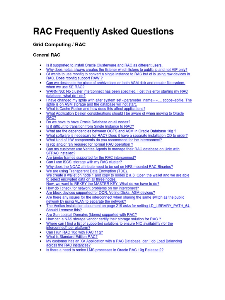 RAC Frequently Asked Questions | PDF | Oracle Database | Cache (Computing)