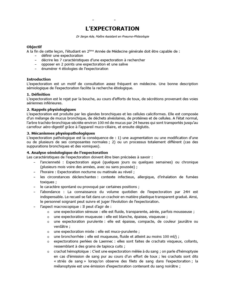 Caractéristiques et étiologies de l'expectoration | PDF | Maladie ...
