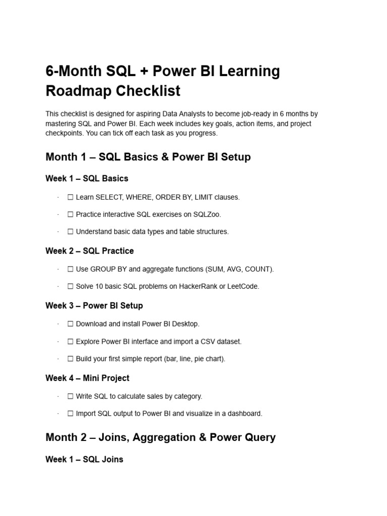 SQL & Power BI 6-Month Roadmap | PDF | Sql | Computing