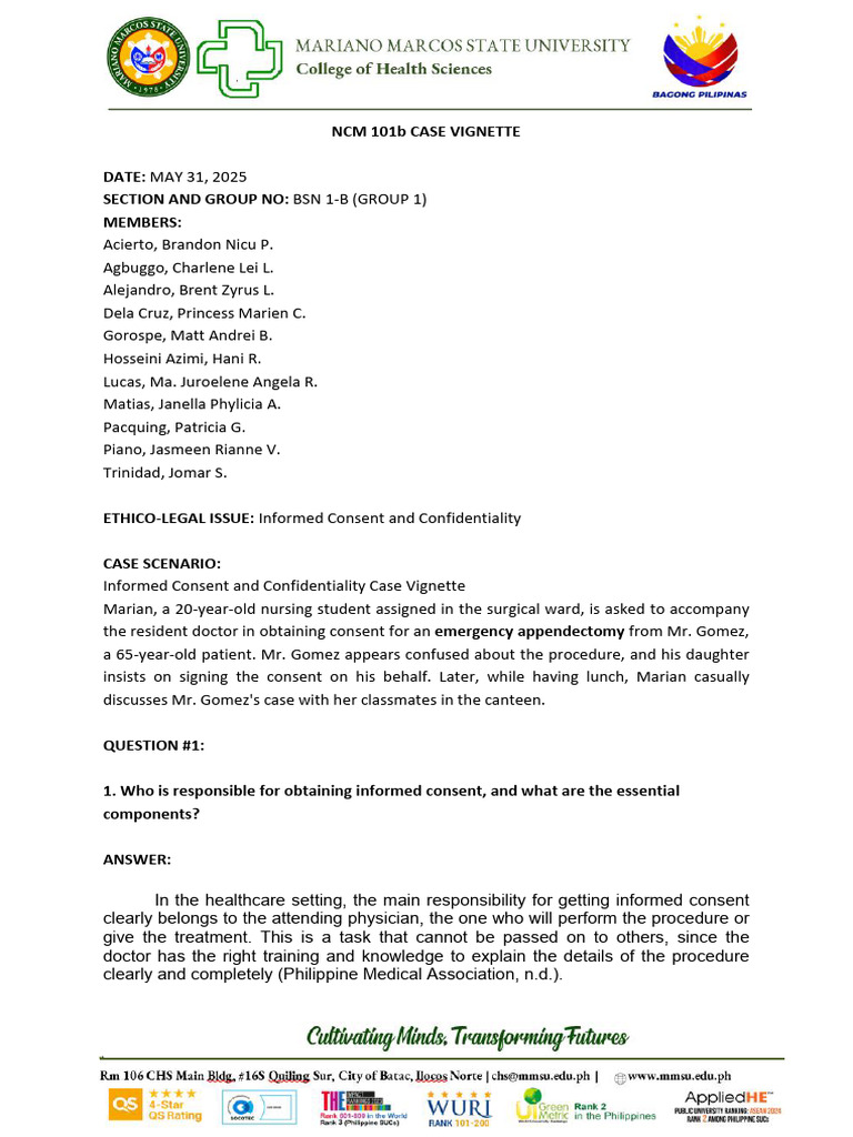 Case Vignette Group 1 Bsn1 B | PDF | Informed Consent | Nursing