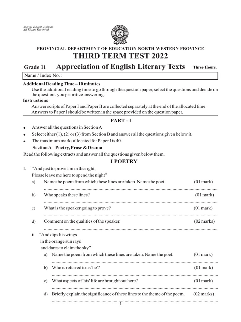 Grade 11 English Literary Texts Test | PDF