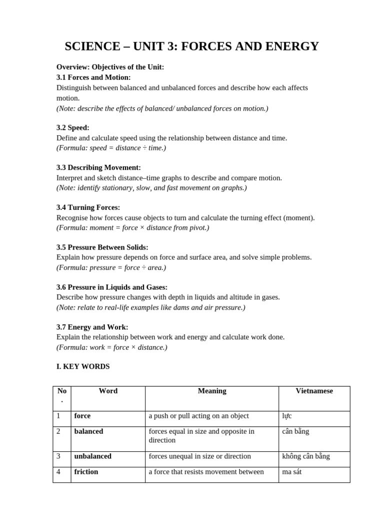 Unit 3 Forces and Energy Summary | PDF | Force | Pressure