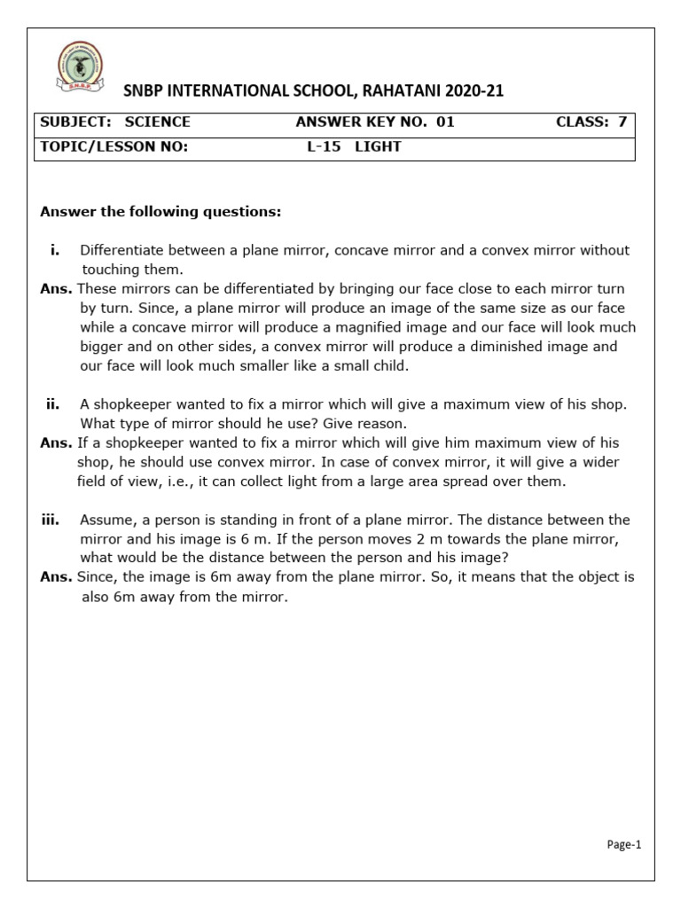 Class7-Science-Lesson 15 Light - Answer Key 01 | PDF | Mirror ...