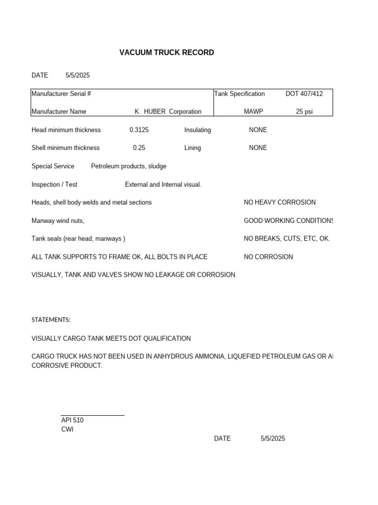 Vacuum Truck Inspection Report 2025 | PDF