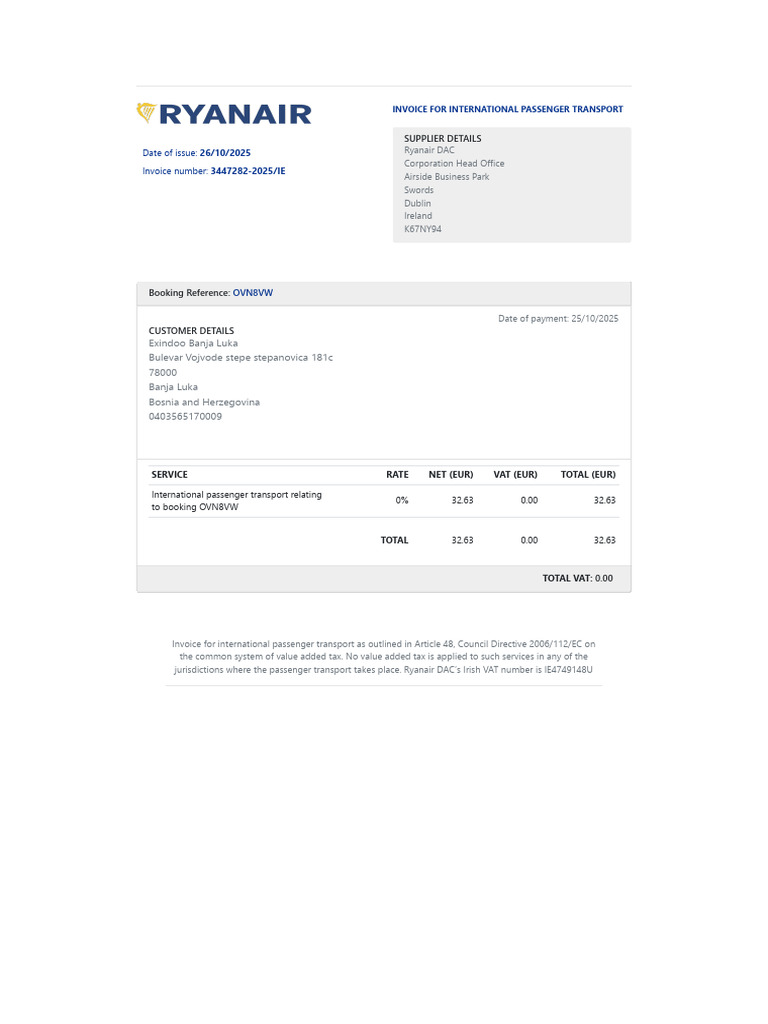 Ryanair 3447282-2025 Ie | PDF