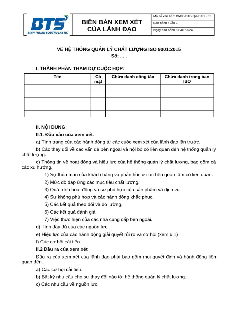 BM03-BTS-STCL-01 Biên bản họp xem xét lãnh đạo | PDF