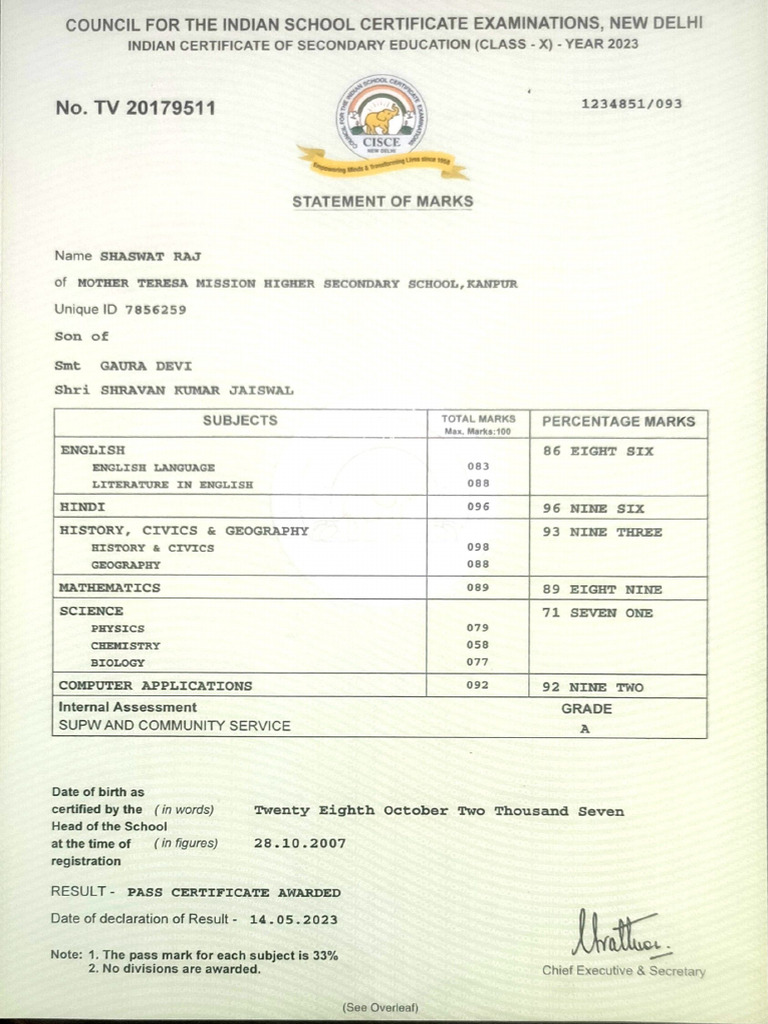 Class 10th Marksheet | PDF