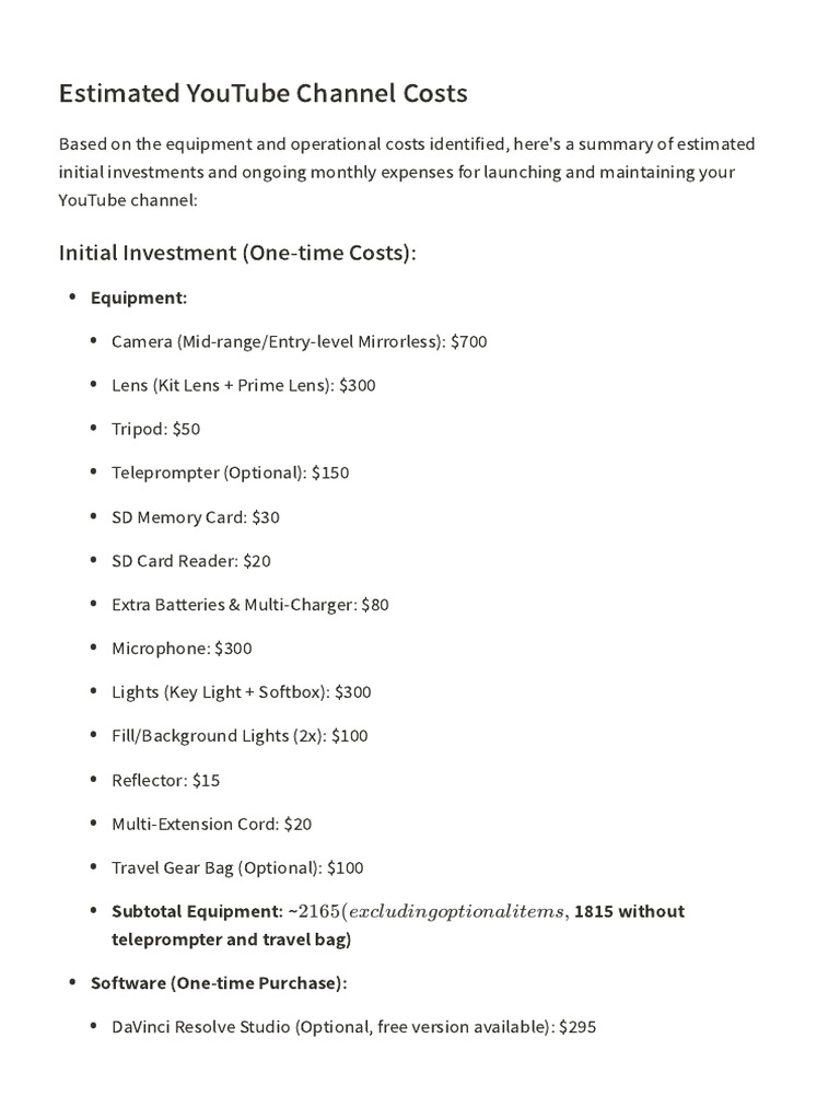 Estimated YouTube Channel Costs | PDF | You Tube | Affiliate Marketing