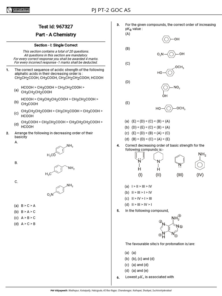 Chemistry Test: Acidity and Basicity Questions | PDF | Amine | Acid ...