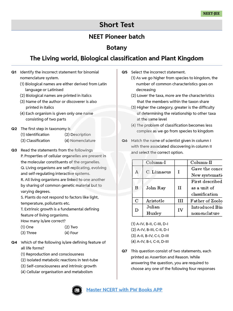 Short Test 1 Pi Batch | PDF | Taxonomy (Biology) | Biology