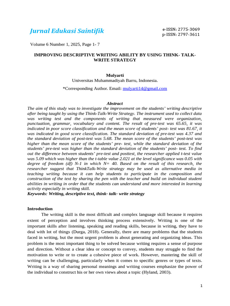 Improving Descriptive Writing Abiliity by Using Think - Talk - Write ...