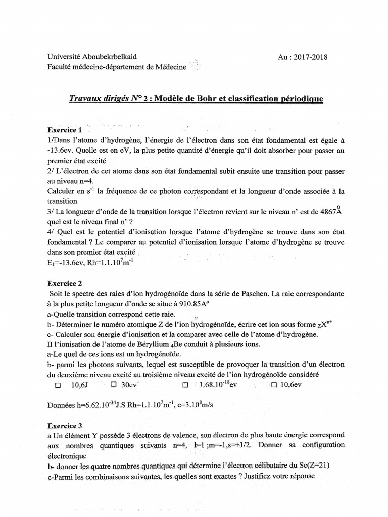Chimie TD n2 Modele de Bohr Et Classification Periodique | PDF