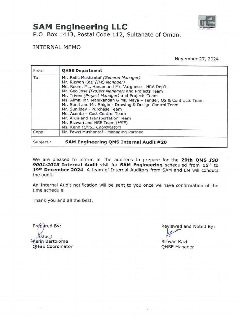SAM Internal Audit Memo IA#20 | PDF