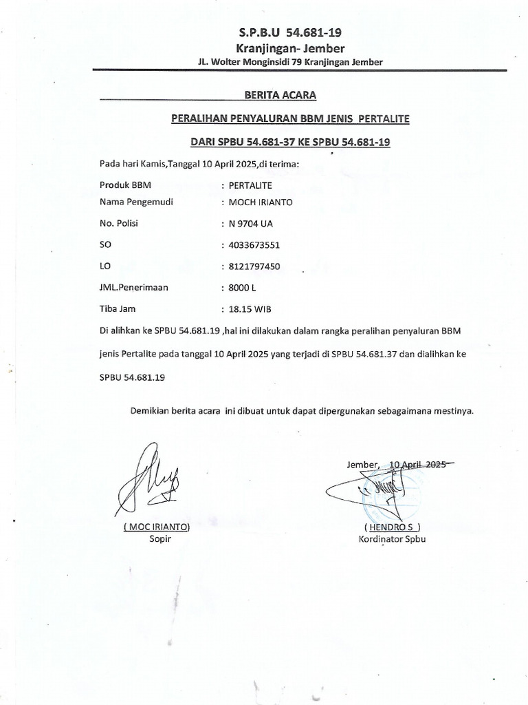 Ba Pengalihan BBM Spbu 54.681.37 Ke Spbu 54.681.19 | PDF