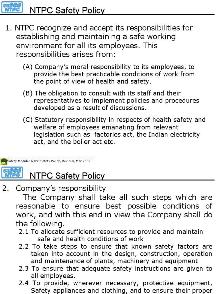 4. NTPC Safety Policy | Occupational Safety And Health | Safety