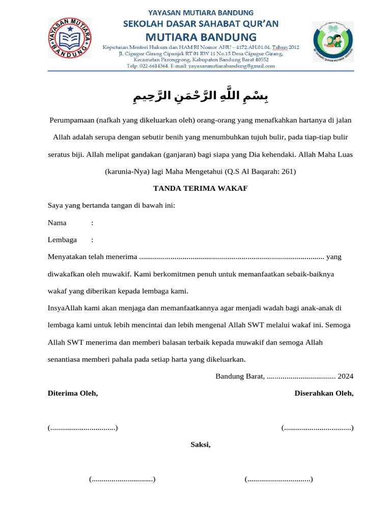 Tanda Terima Wakaf untuk Lembaga Pendidikan | PDF
