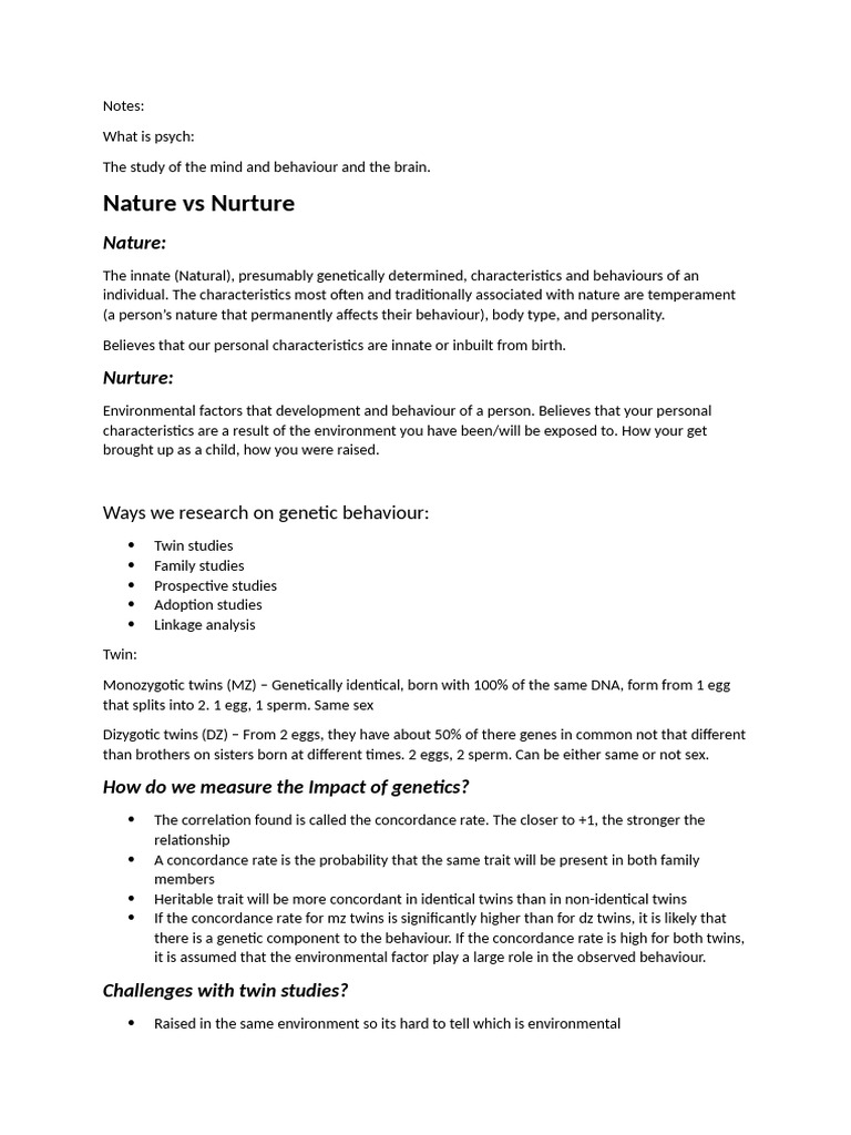 Psychology Notes 1 - Nature Vs Nurture | PDF | Twin | Nature Versus Nurture