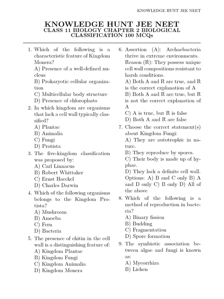 Class 11 Chapter 2 Biological Classification 100 MCQs | PDF | Cell (Biology) | Bacteria
