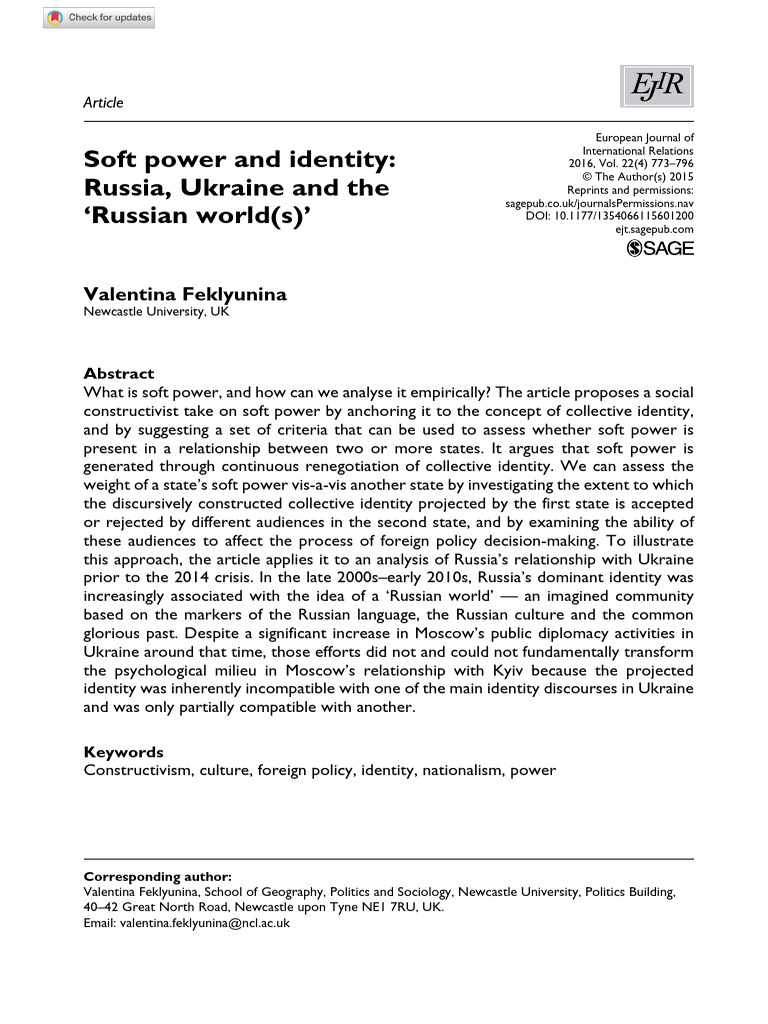 Feklyunina 2015 Soft Power and Identity Russia Ukraine and The Russian ...