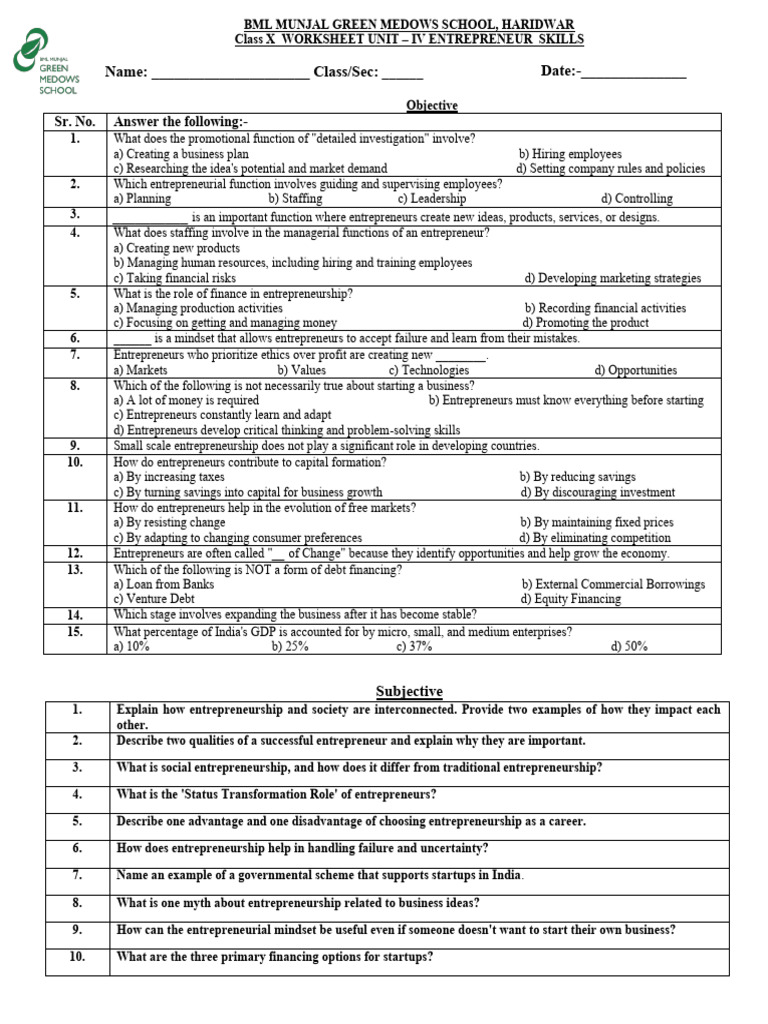 Unit - IV Worksheet Entrepreneur Skills - II | PDF | Entrepreneurship ...