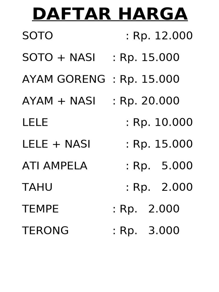 Daftar Harga Makanan Terjangkau | PDF