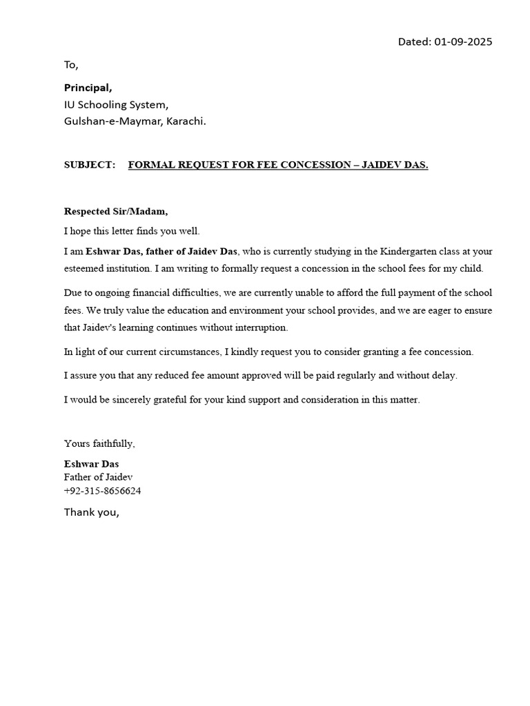 Request Letter For Fee Concession From Parents To Principal | PDF