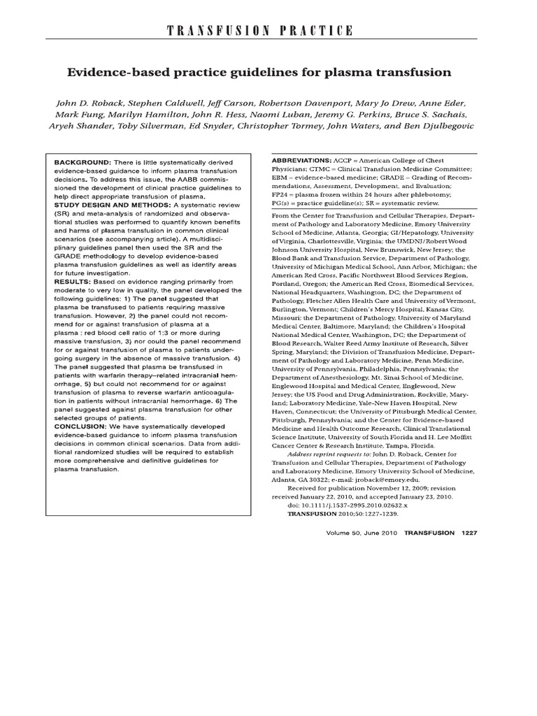 AABB Evidence-Based Practice Guidelines For Plasma Transfusion - 2632 | PDF