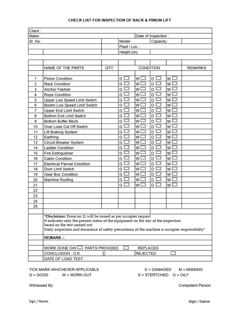 Rack & Pinion Lift Inspection Checklist | PDF | Elevator | Manufactured ...