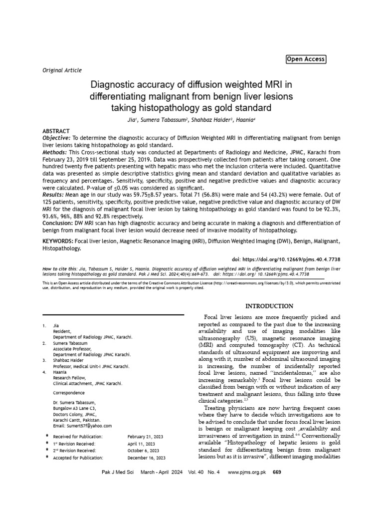 Diagnostic Accuracy of Diffusion Weighted MRI in Differentiating ...