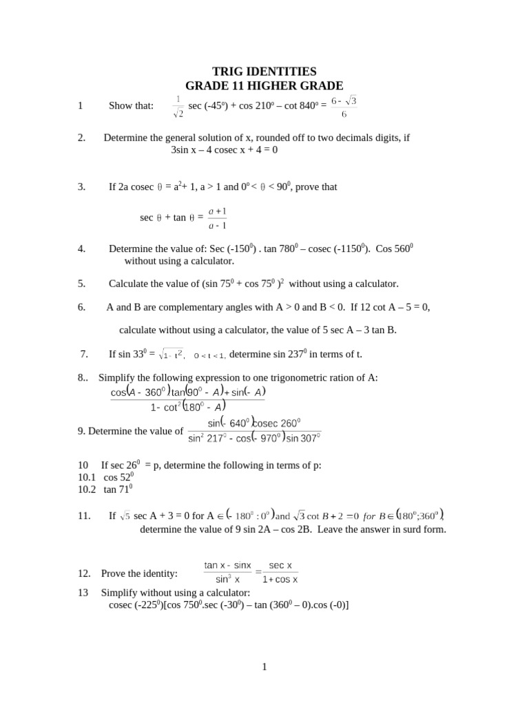 Grade 11 Trig Identities | PDF