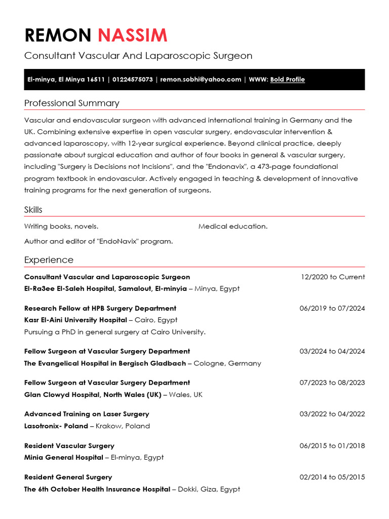 Remon Nassim Sobhi Resume 2 | PDF | Clinical Medicine | Medical Specialties