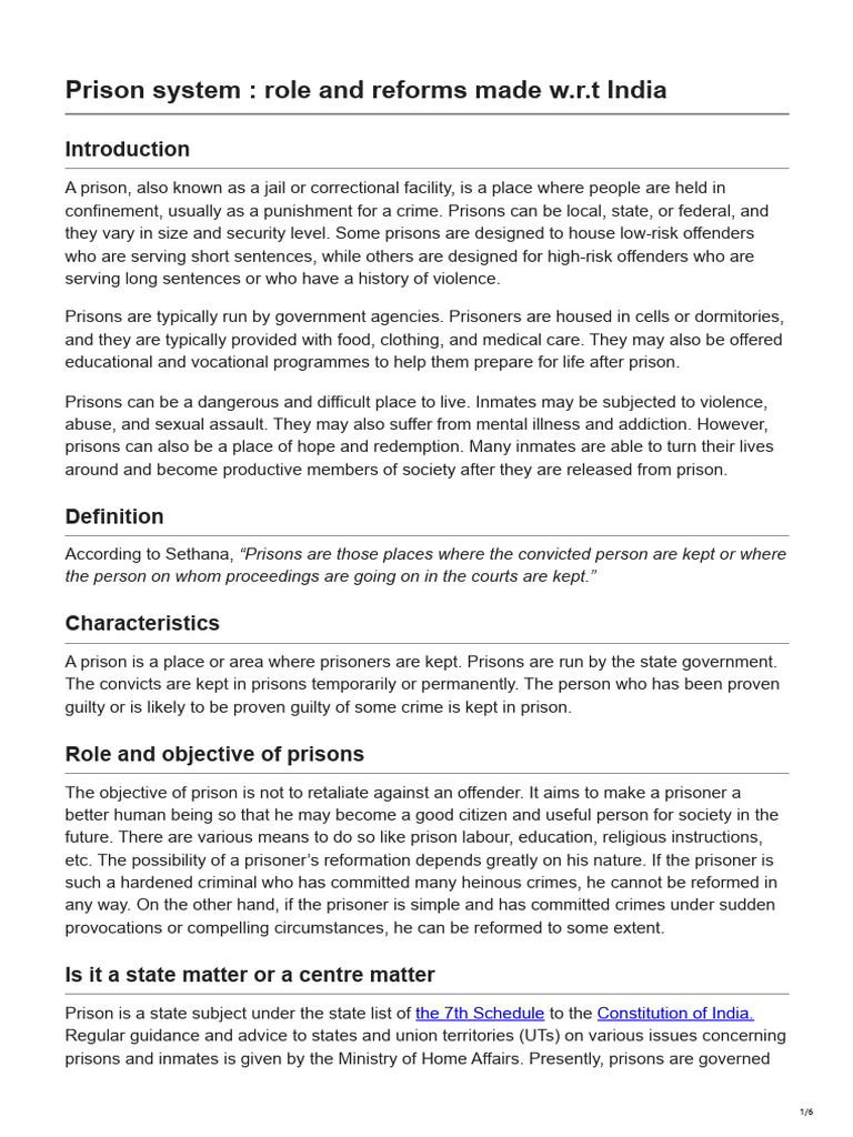 India’s Prison System: Roles & Reforms | PDF | Prison | Crimes