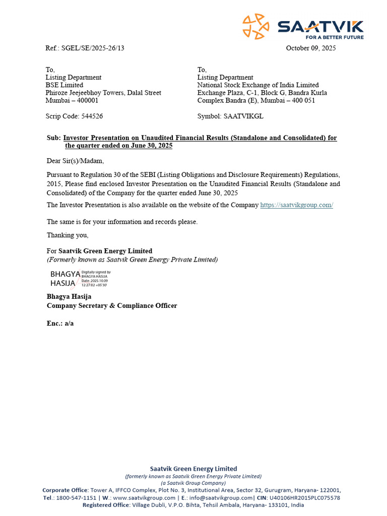 Sub: Investor Presentation On Unaudited Financial Results (Standalone ...