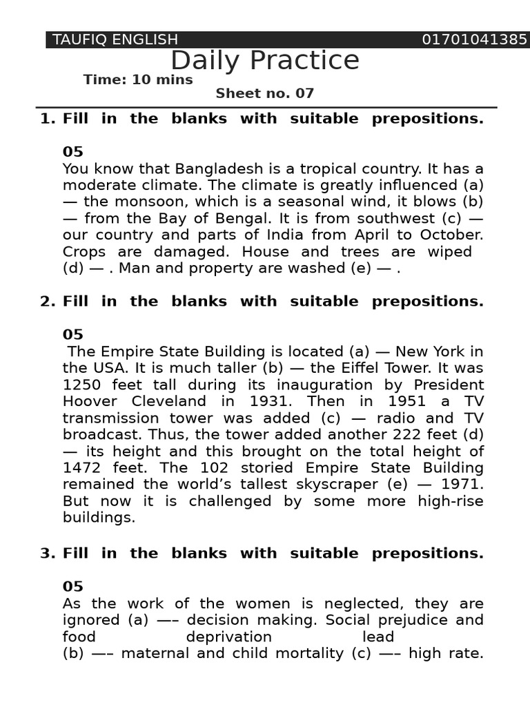 Daily Practice Sheet - 7 - Preposition - 2nd Paper | PDF | Natural ...