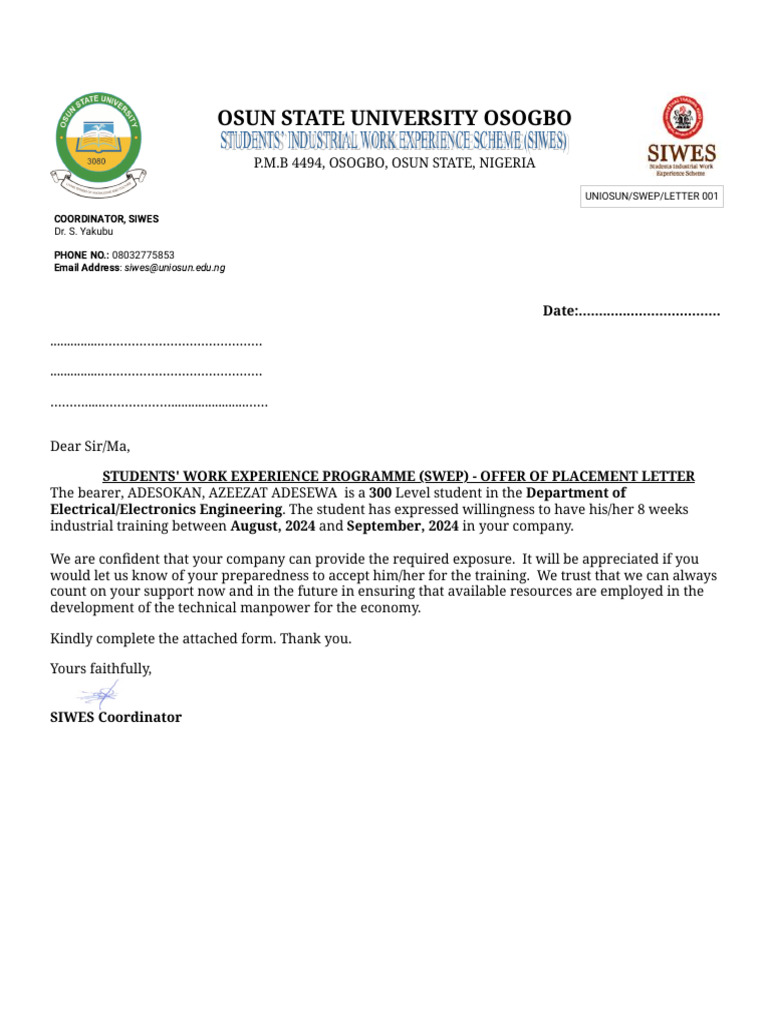 Uniosun Swep - Placement Letter - . | PDF