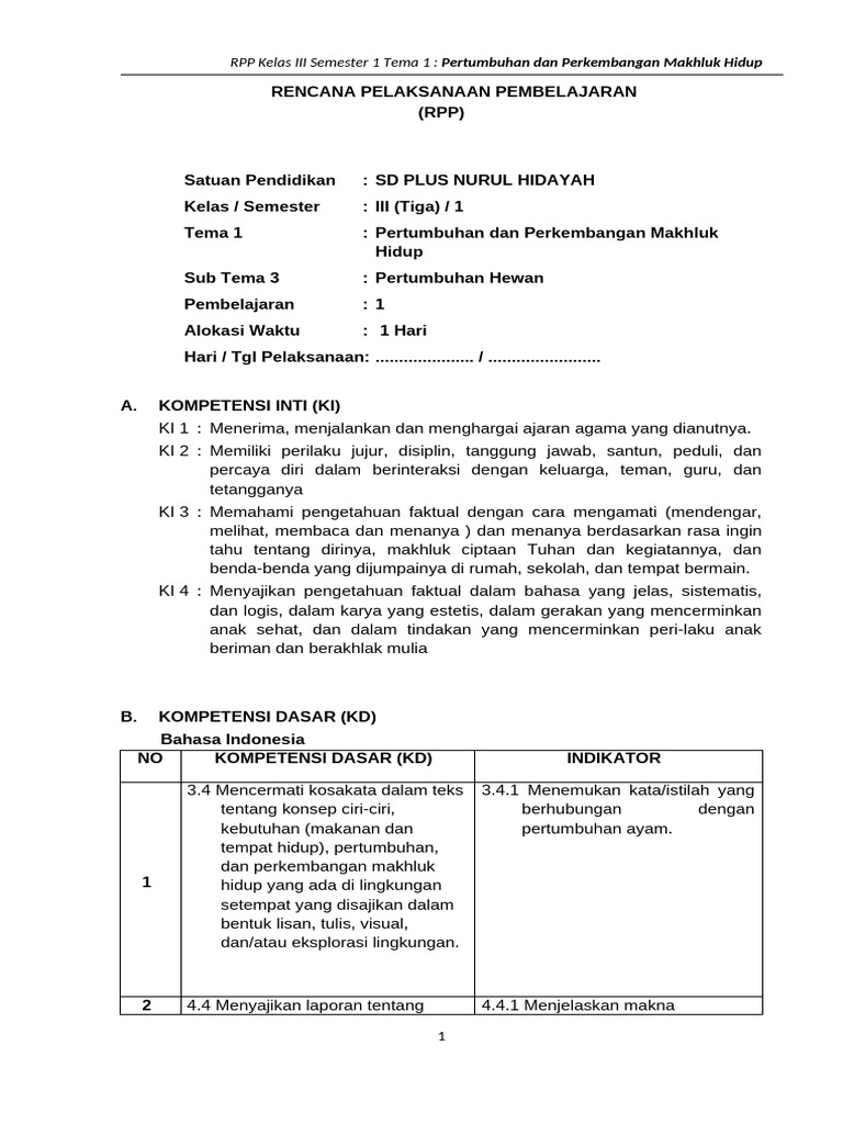 RPP KLS 3 TEMA 1 ST 3 | PDF