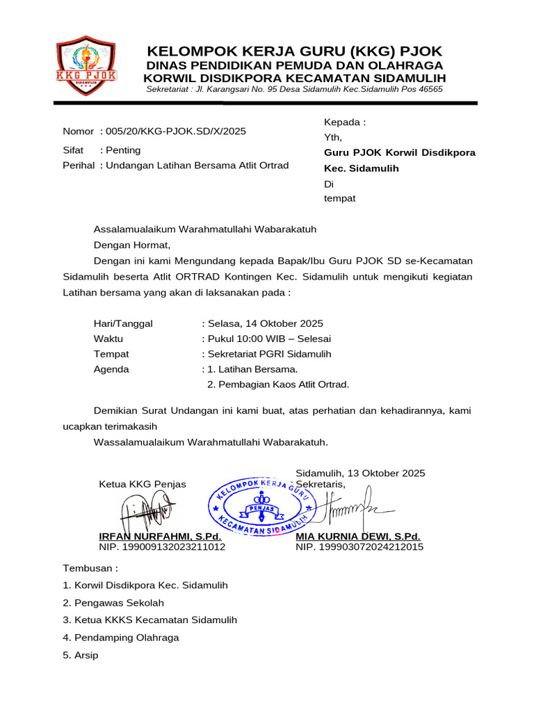 Surat Undangan KKG Guru Pjok Pembinaan | PDF