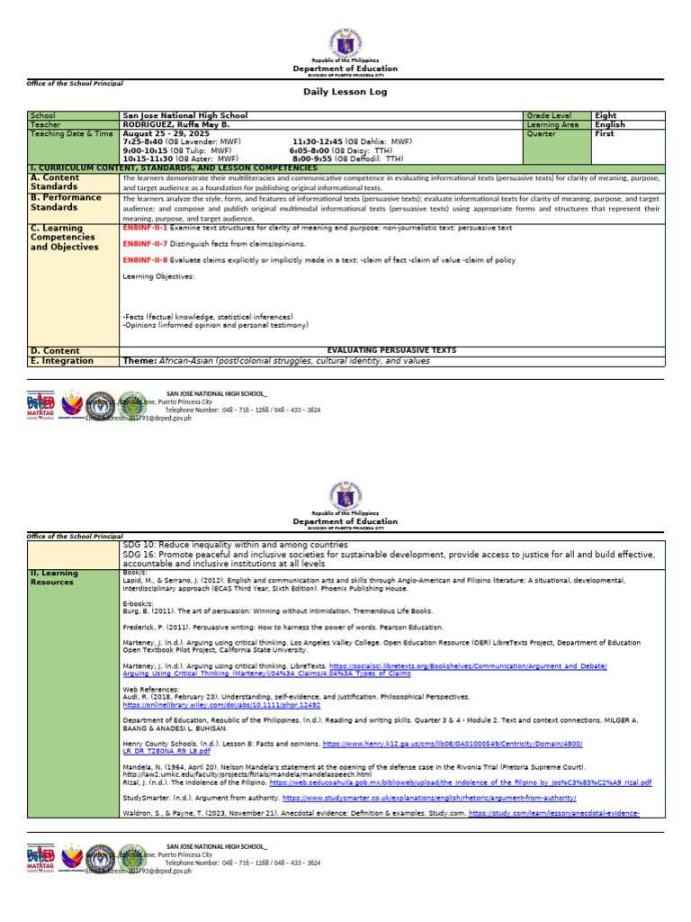 Daily Lesson Log for Grade 8 English | PDF | Teachers | Argument